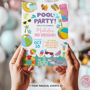 Pool Party Girl Birthday Invitation, Girl Pool Birthday Invite, Corjl Digital Printable ...