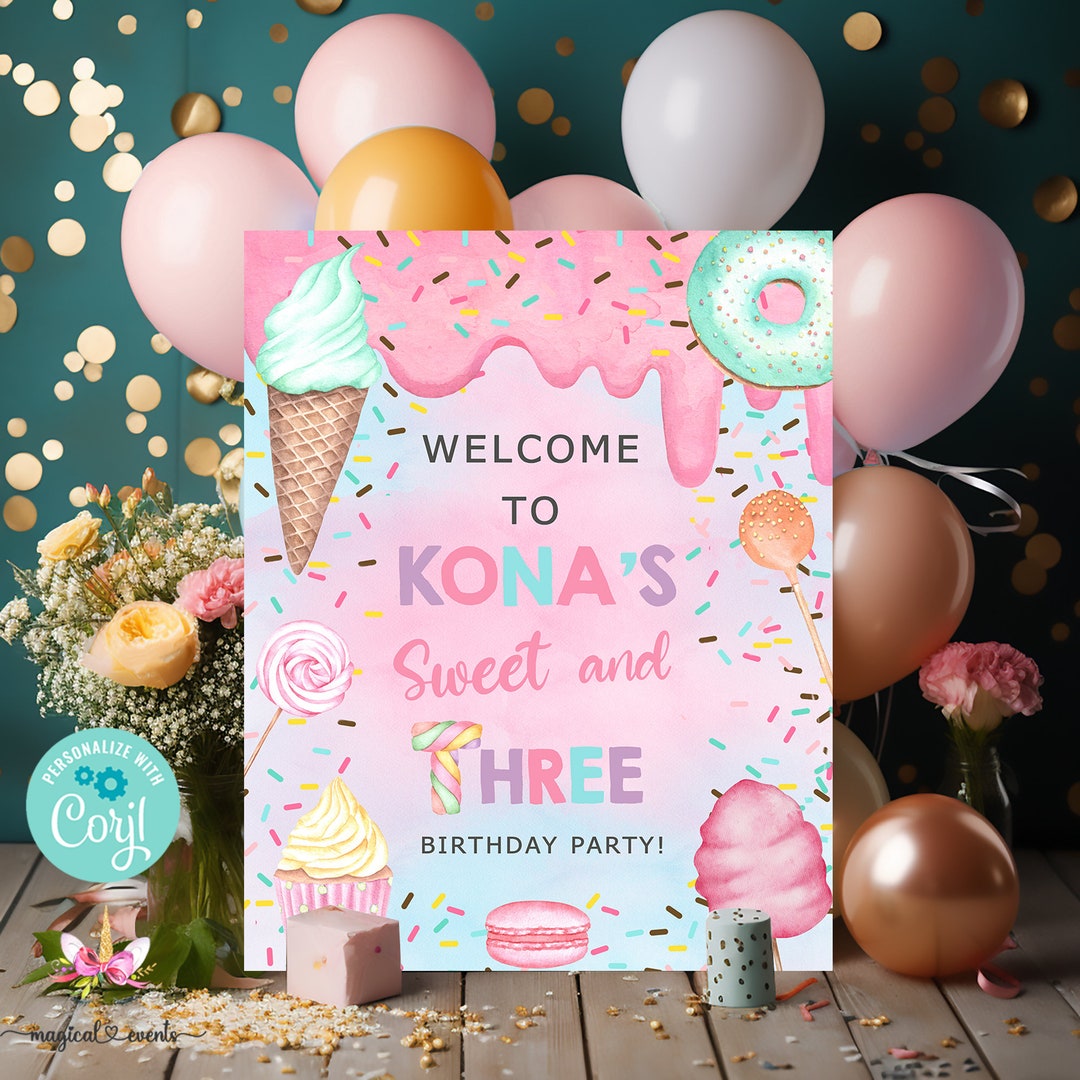 16x20 Girl Sweet Three Birthday Welcome Sign, Sweet Three Girl Birthday ...