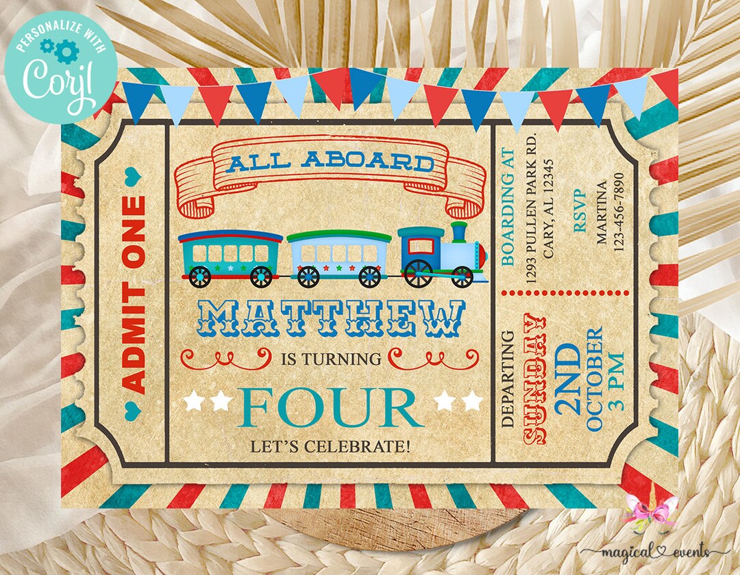 All Aboard Train Ticket Boy Birthday Invitation, Boy Train Birthday ...