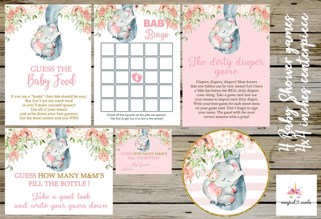 Elephant Baby Shower Games Bundle, Girl Elephant Flowers Games Package ...