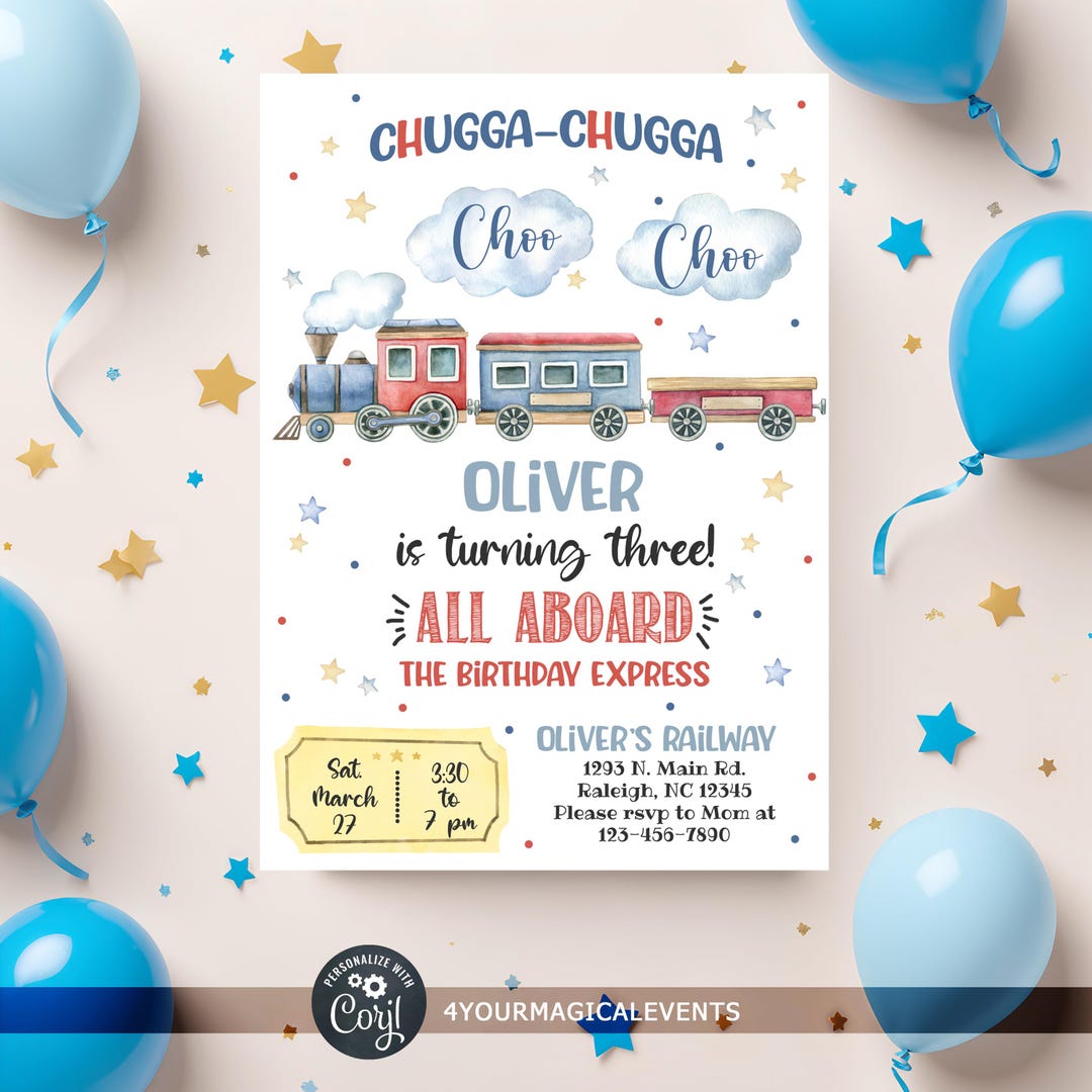 All Aboard Train Boy Birthday Invitation, Train Boy Birthday Invite ...
