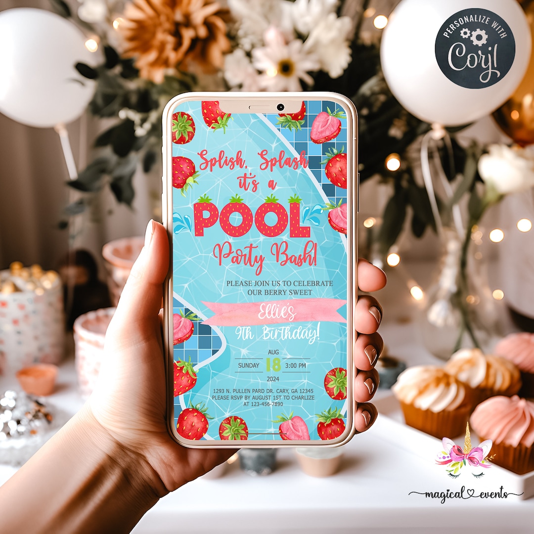 Pool & Strawberries Girl Birthday Cell Phone Invite, Phone Invitation ...