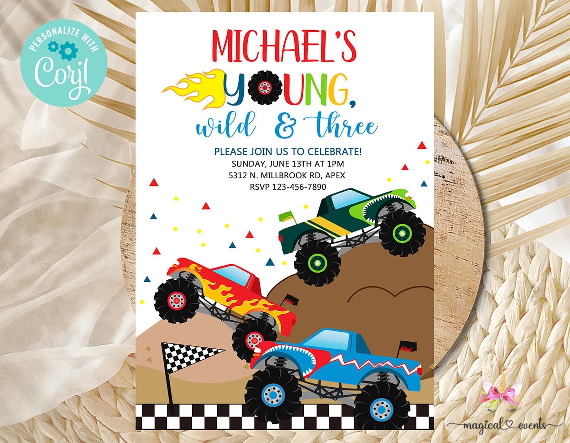 Monster Trucks Boy Birthday Invitation, Monster Truck Boy Birthday ...