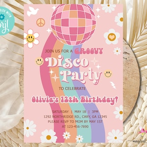 Groovy Disco Party Invitation, 70's Retro Hippie Daisies, Girl Disco ...