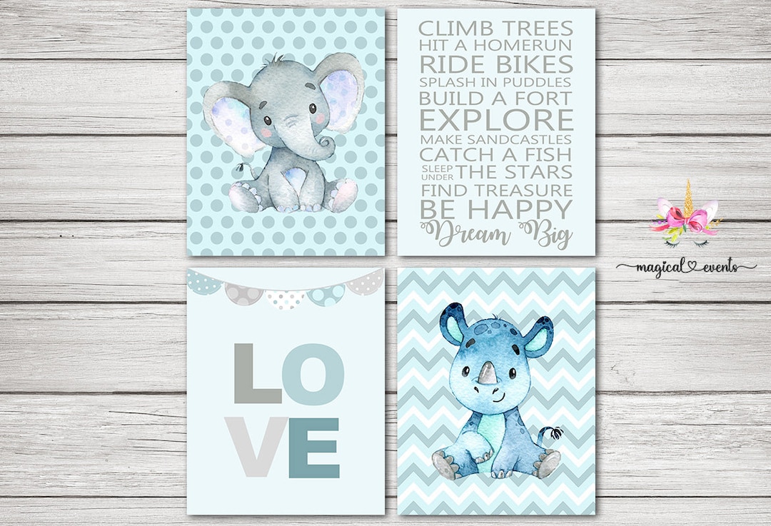 Elephant and Rhino Boy Wall Art, Blue Boy Wall Decor, Elephant Rhino ...