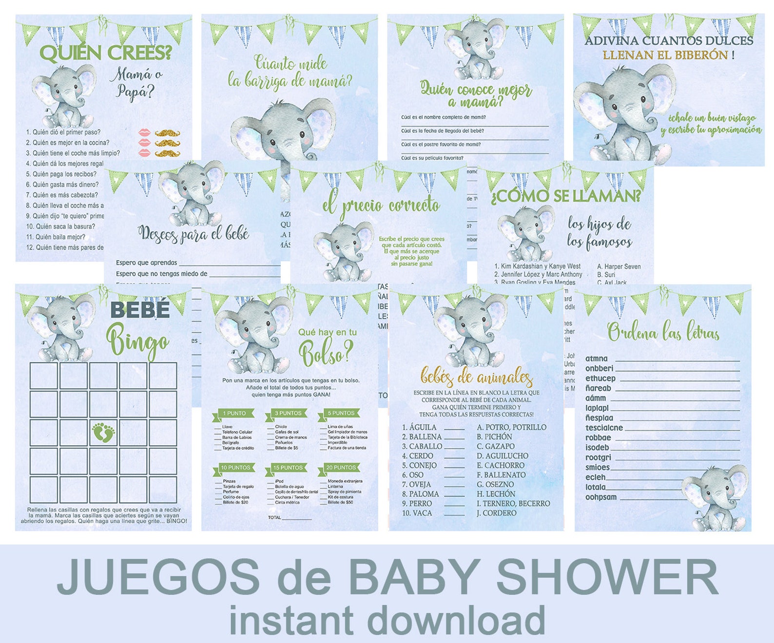 Blue Elephant Baby Shower Games Bundle Pink Flowers Games | Etsy