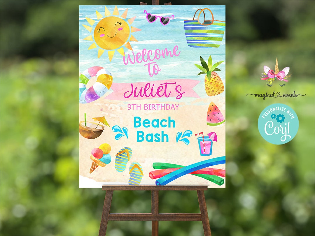 16x20 Girl Beach Bash Birthday Welcome Sign, Beach Birthday, Corjl ...
