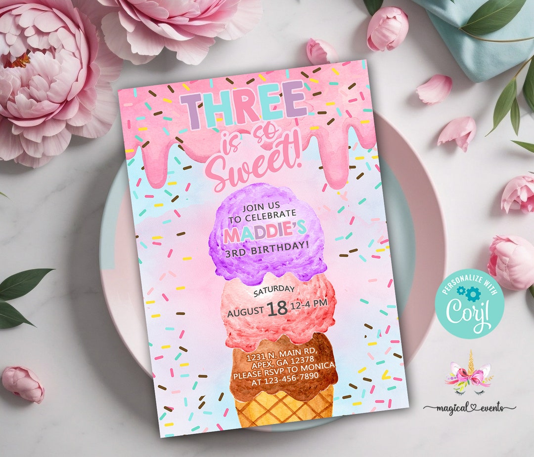 THREE is so SWEET Ice Cream 3rd Third Birthday Invitation, Girl ...
