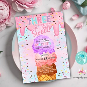 THREE is so SWEET Ice Cream 3rd Third Birthday Invitation, Girl ...