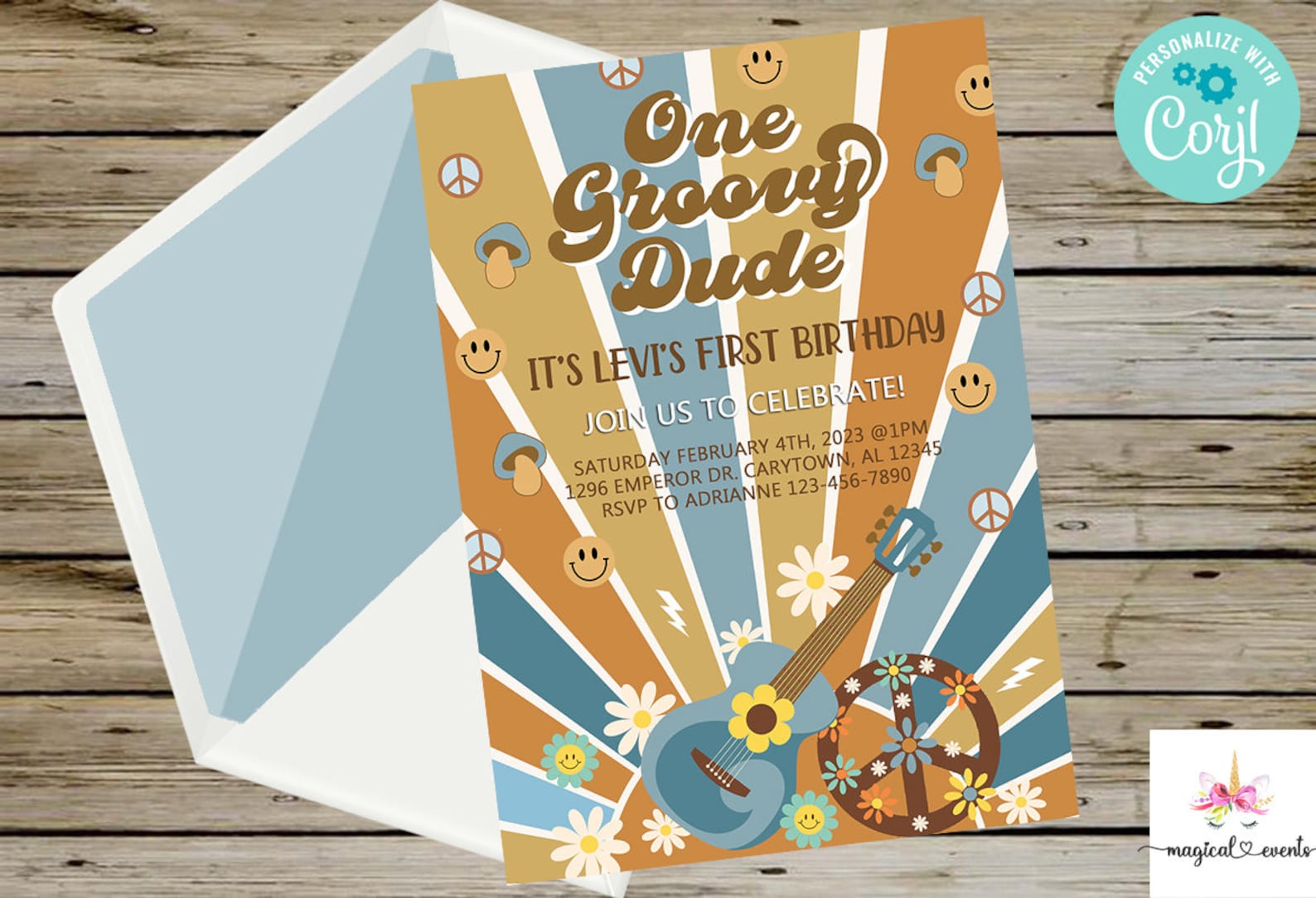 One Groovy Dude 1st Birthday Invitation, 70's Retro Hippie Guitar ...