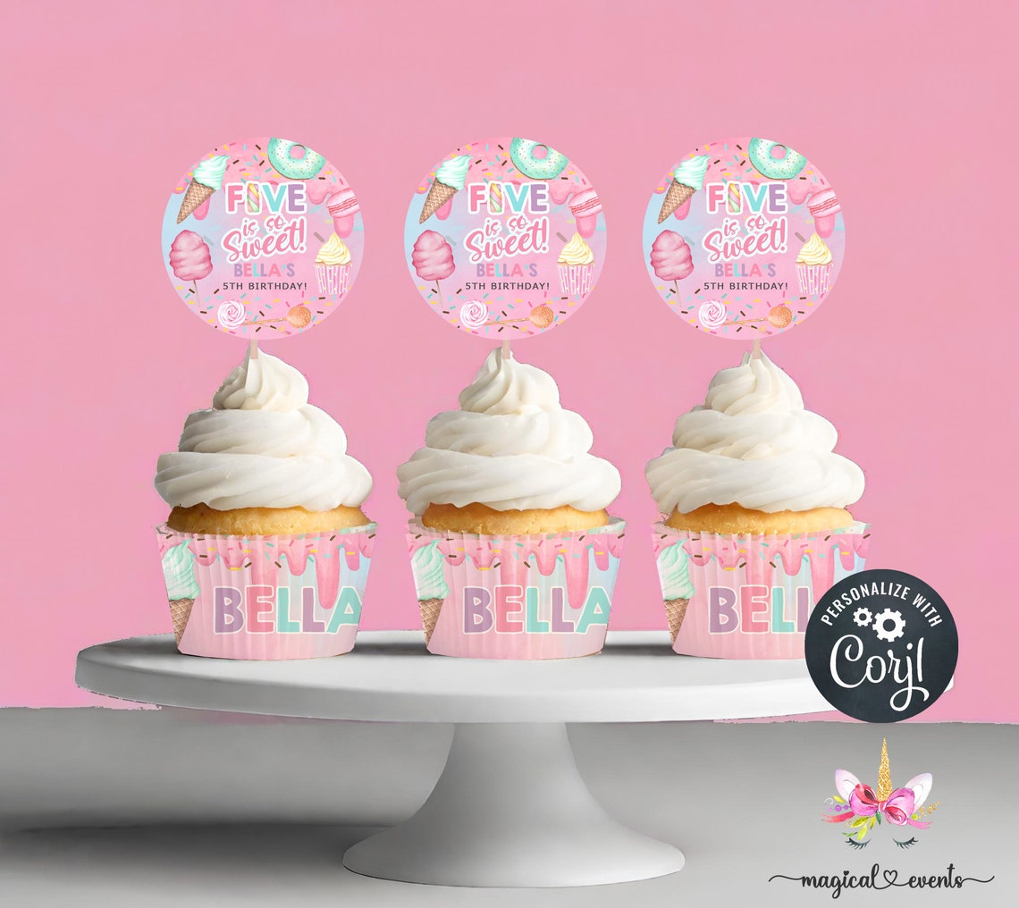 Sweet Five Girl 5th Birthday Cupcake Topper and Wrapper, Birthday ...