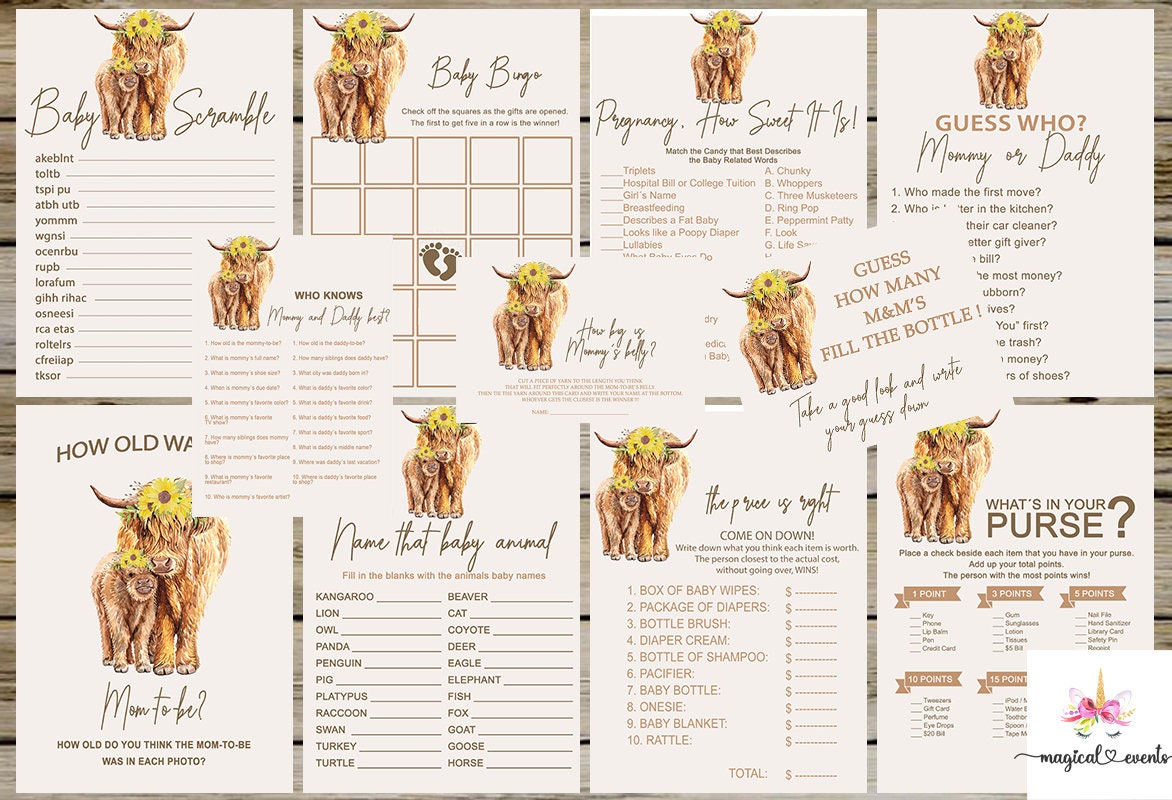 Highland Cow Baby Shower Games Bundle Gender Neutral Yellow - Etsy Canada