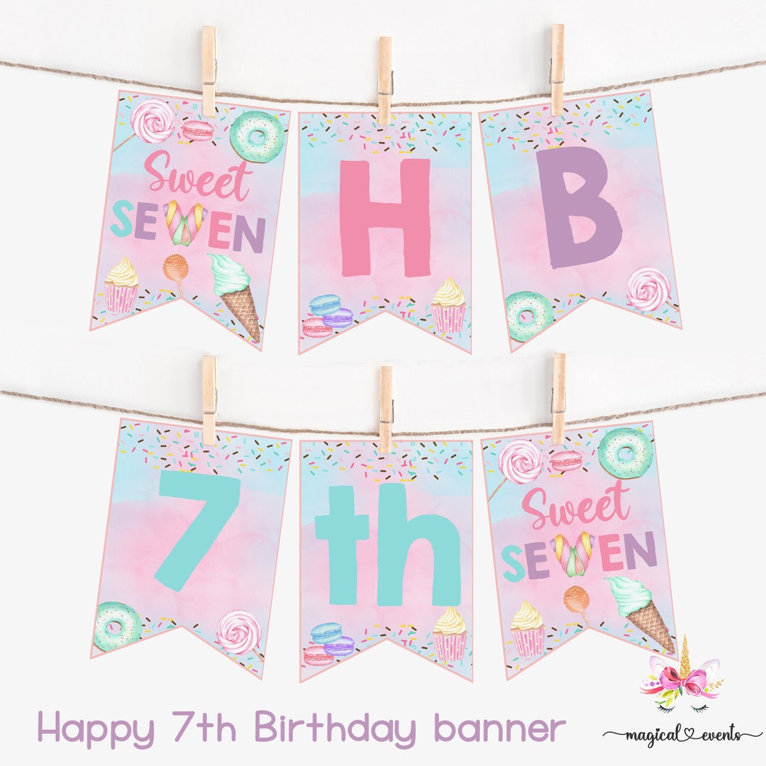 Sweet Seven Girl 7th Birthday Digital Banner, Sweet Seven Favors, Favor ...