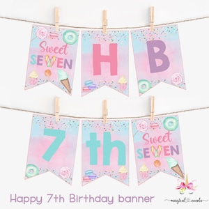 Sweet Seven Girl 7th Birthday Digital Banner, Sweet Seven Favors, Favor ...