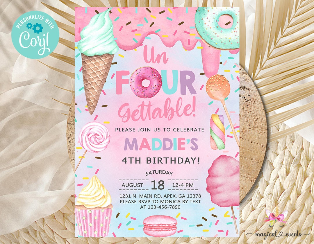Candy UN-FOUR-GETTABLE Girl 4th Birthday Invitation, Birthday Invite ...