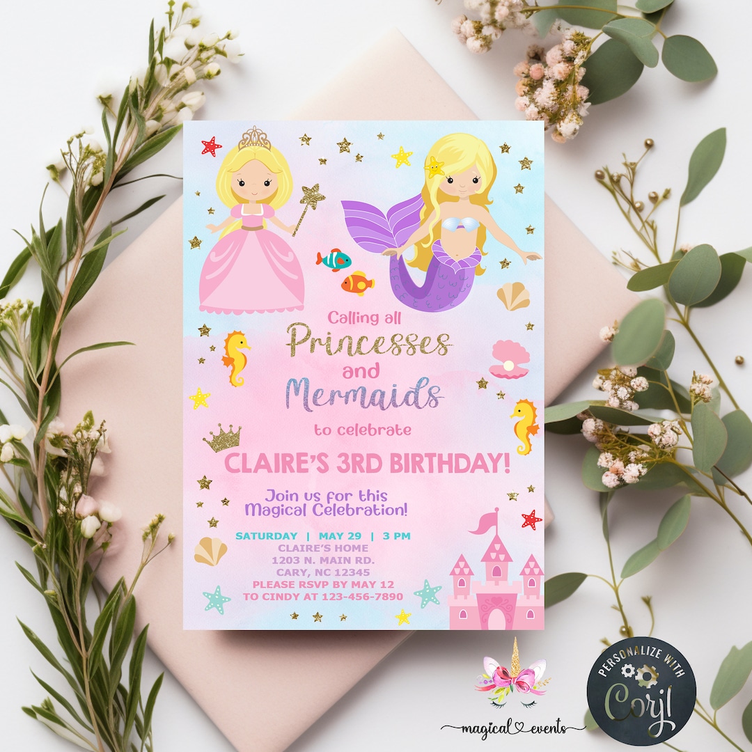 Princess and Mermaid Birthday Invitation, Birthday Invite, Corjl ...
