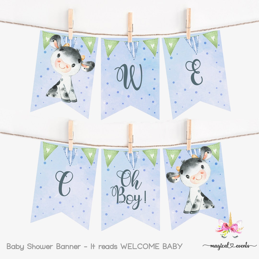 Blue Cow Boy Baby Shower Digital Banner, Blue Cow Baby Shower Favors ...