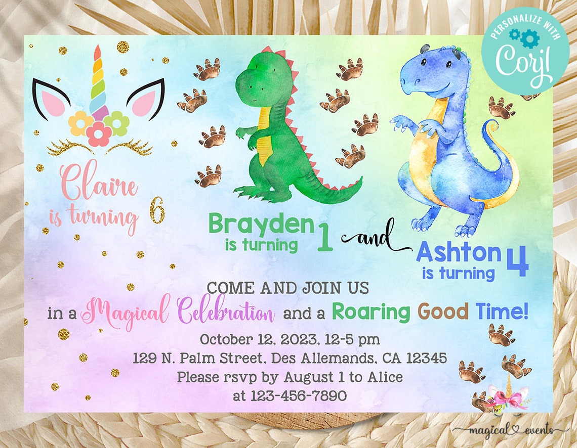 Three Siblings Unicorn Dinosaurs Birthday Invitation, Boys and Girl ...