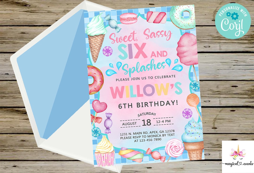 Sweet Sassy Six And Splashes Girl Birthday Invitation Pool Invite Cotton Candy Sweets Donut