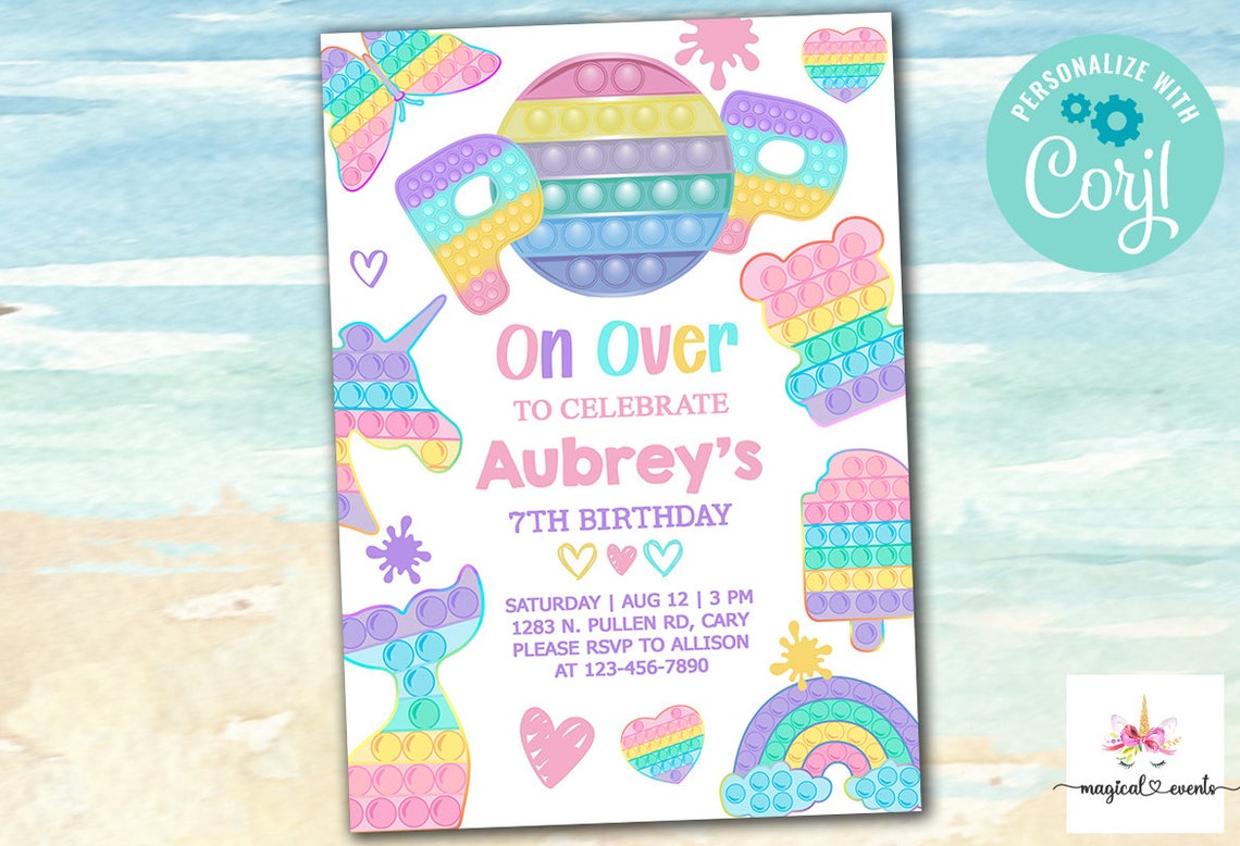 Popit and Slime Girl 7th Birthday Invitation, Any Age Girl Birthday ...