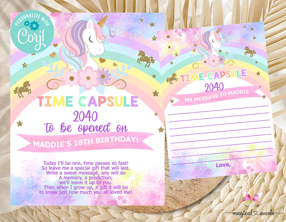 Unicorn Girl Birthday Time Capsule Board and Message Card, Digital ...
