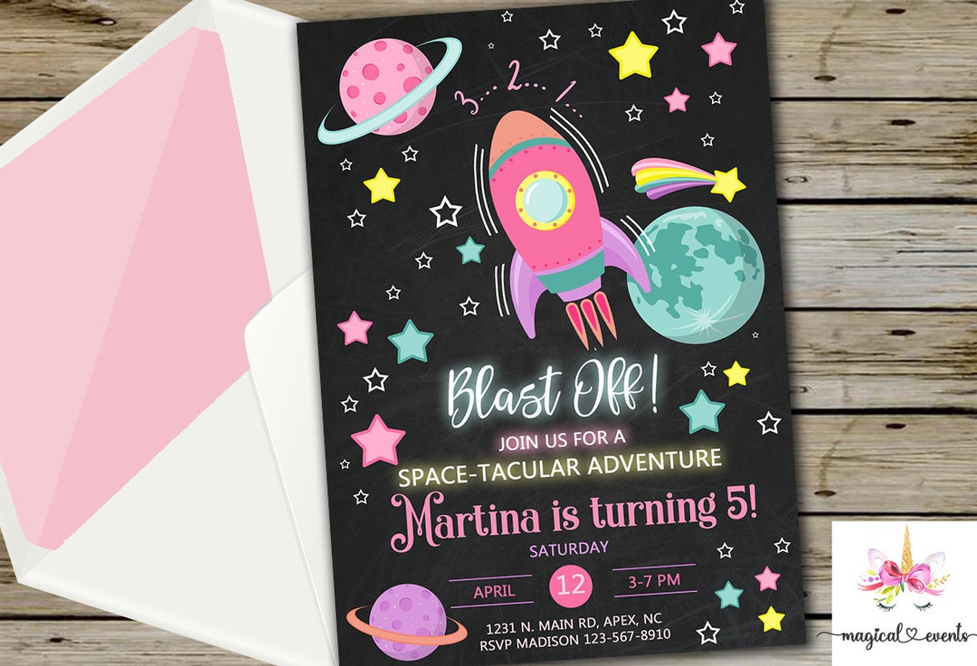 Outer Space Blast off Birthday Invitation Girl 5th Birthday - Etsy