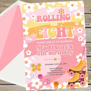 GROOVY Rolling Into Seven Girl 8th Birthday Invitation, Pink Orange 70s ...