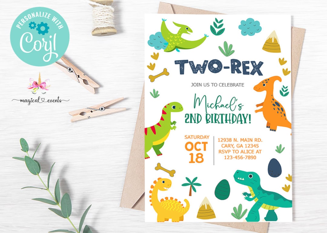 Dinosaurs 2nd Second Birthday Invitation, Dinosaur Dinos Boy Birthday ...