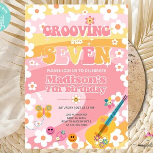 GROOVY Grooving Into Seven Girl 7th Birthday Invitation, Pink Orange ...