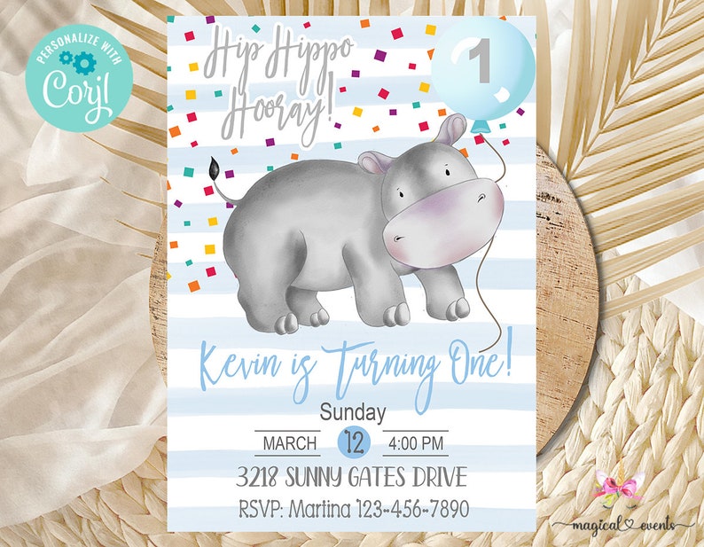 Hip Hippo Hooray Birthday Invitation, Blue Hippo Boy Birthday Party ...