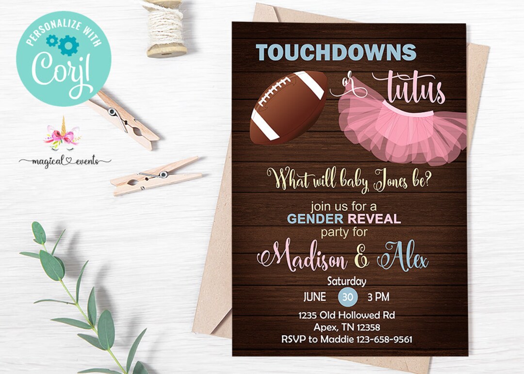 Touchdowns or Tutus Gender Reveal Invitation, Football Gender Reveal ...