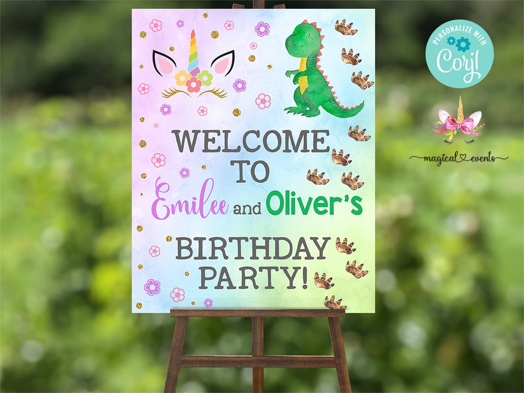 16x20 Siblings Unicorn and Dinosaur Birthday Welcome Sign, Dinosaurs ...