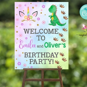 16x20 Siblings Unicorn and Dinosaur Birthday Welcome Sign, Dinosaurs ...