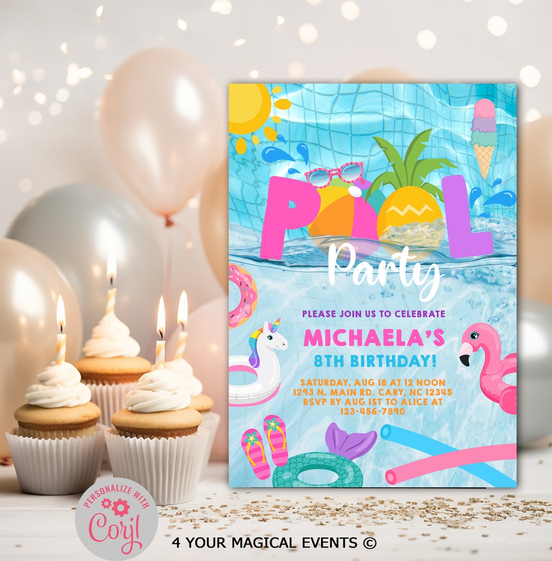 Pool Girl Birthday Invitation, Pool Birthday Invite, Corjl Digital Printable, Pool Waves, Pool ...