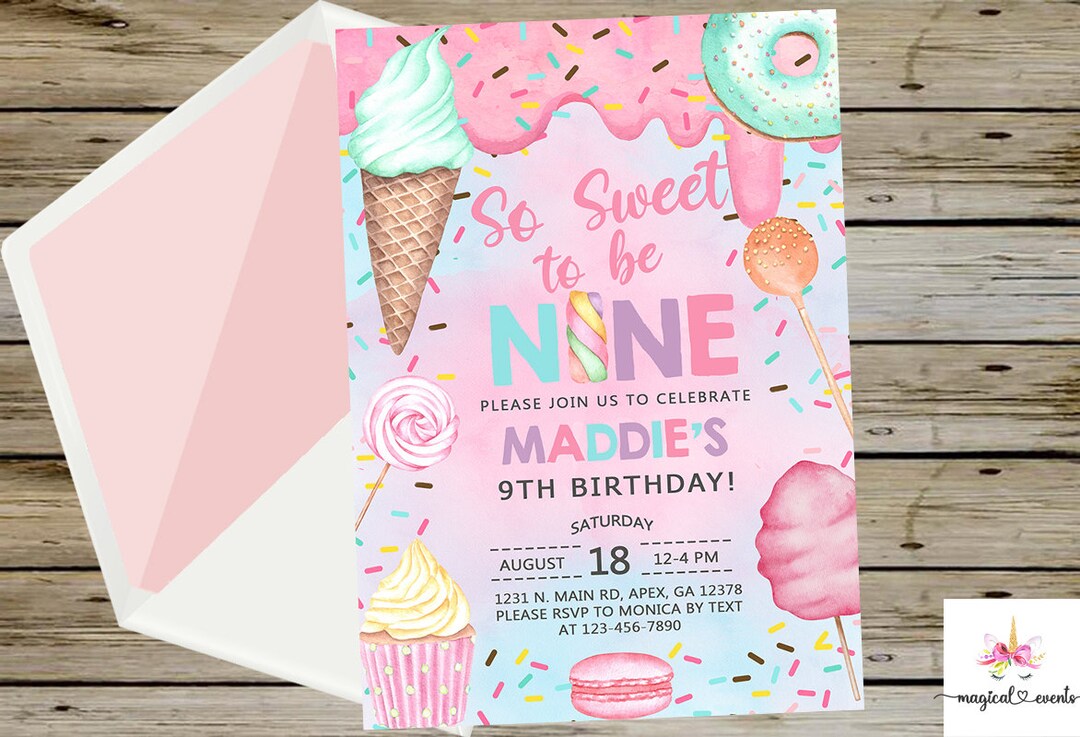 Candy so SWEET to Be NINE Girl Birthday Invitation, Birthday Invite ...