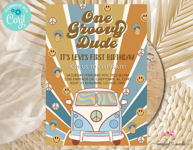 One Groovy Dude 1st Birthday Invitation 70's Retro Happy - Etsy