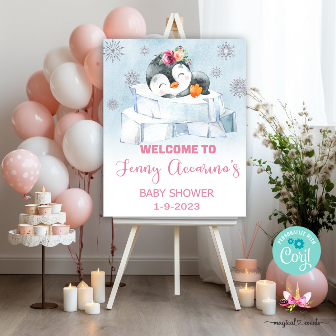 16x20 Penguin Girl Baby Shower Welcome Sign, Pink Flowers Penguin ...