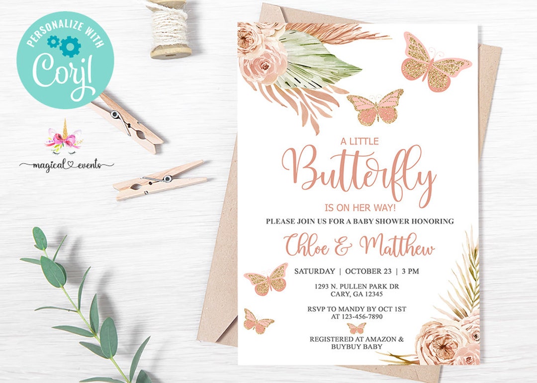 Pink Butterflies Baby Shower Invitation, Girl Baby Shower Invite, Corjl ...