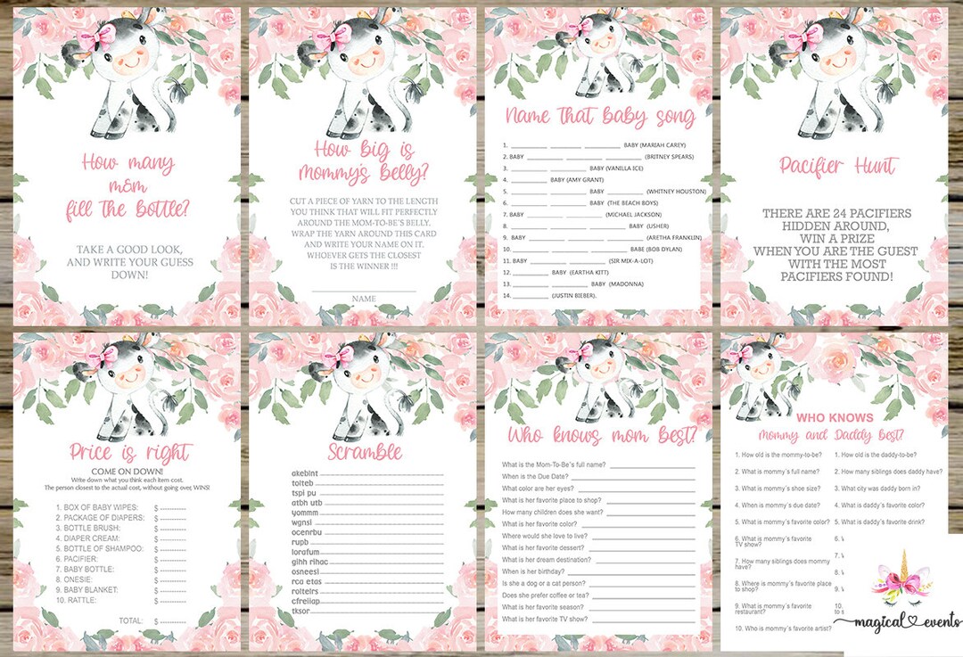 Cow and Pink Flowers Baby Shower Games Bundle, Cow and Pink Flowers ...