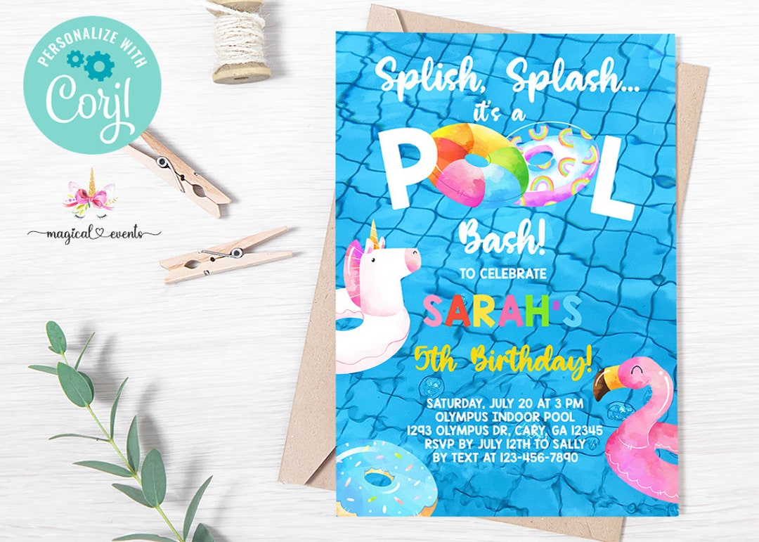 POOL PARTY Girl Birthday Invitation, Swimming Pool Girl Birthday Invite, Summer, Pool Floaties ...