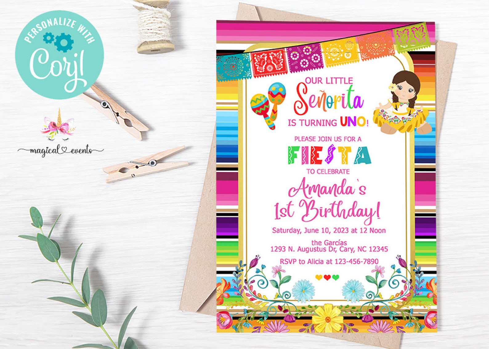 Girl UNO Fiesta Birthday Invitation, Girl Birthday Invite, Fiesta ...