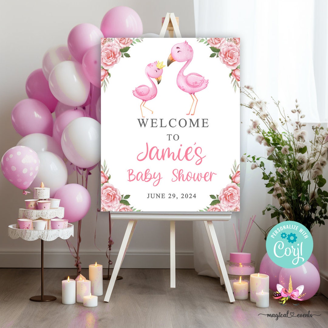 22x28 Pink Flamingos Baby Shower Welcome Sign, Girl Flamingo Welcome ...