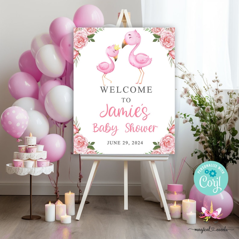 22x28 Pink Flamingos Baby Shower Welcome Sign, Girl Flamingo Welcome ...