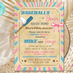 Baseball or Bows Gender Reveal Invitation, Gender Reveal Invite ...