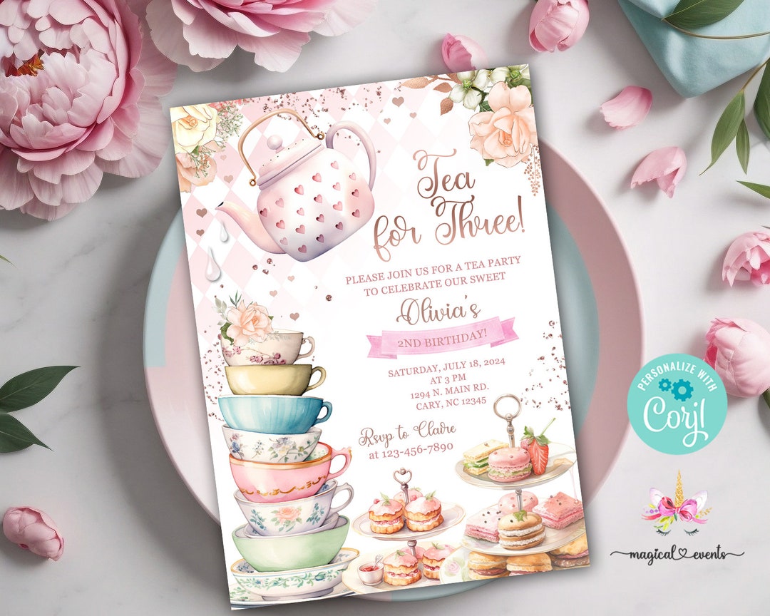 Tea for Three Birthday Invitation, Par-tea Girl Birthday Invite, Teapot ...