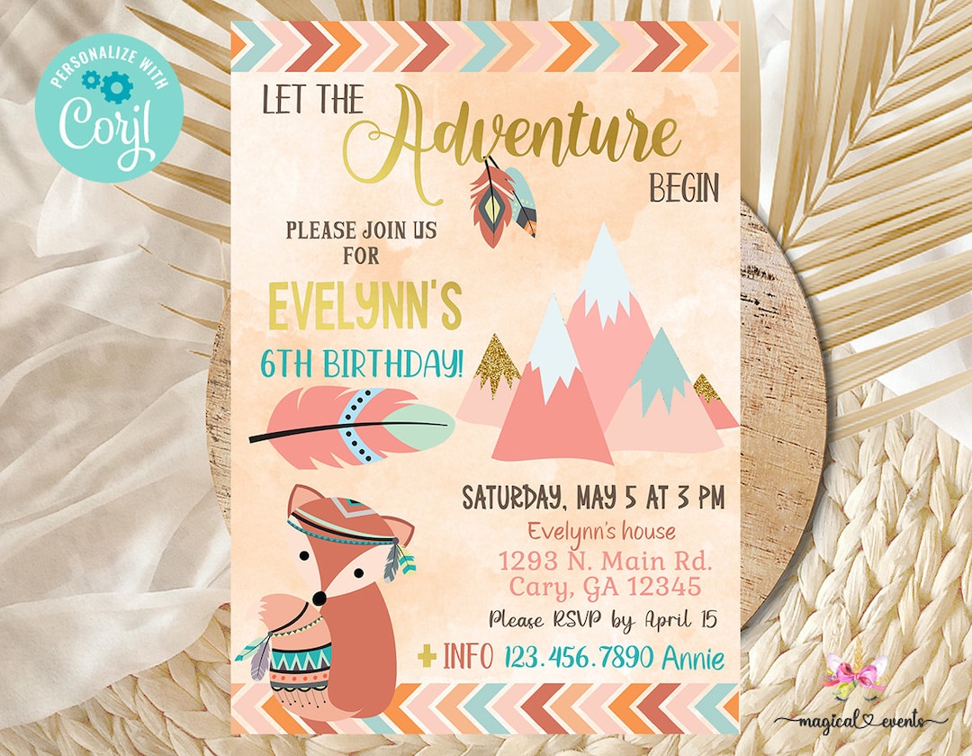 Woodland Fox Girl Birthday Invitation, Girl Birthday Invite, Mountains ...