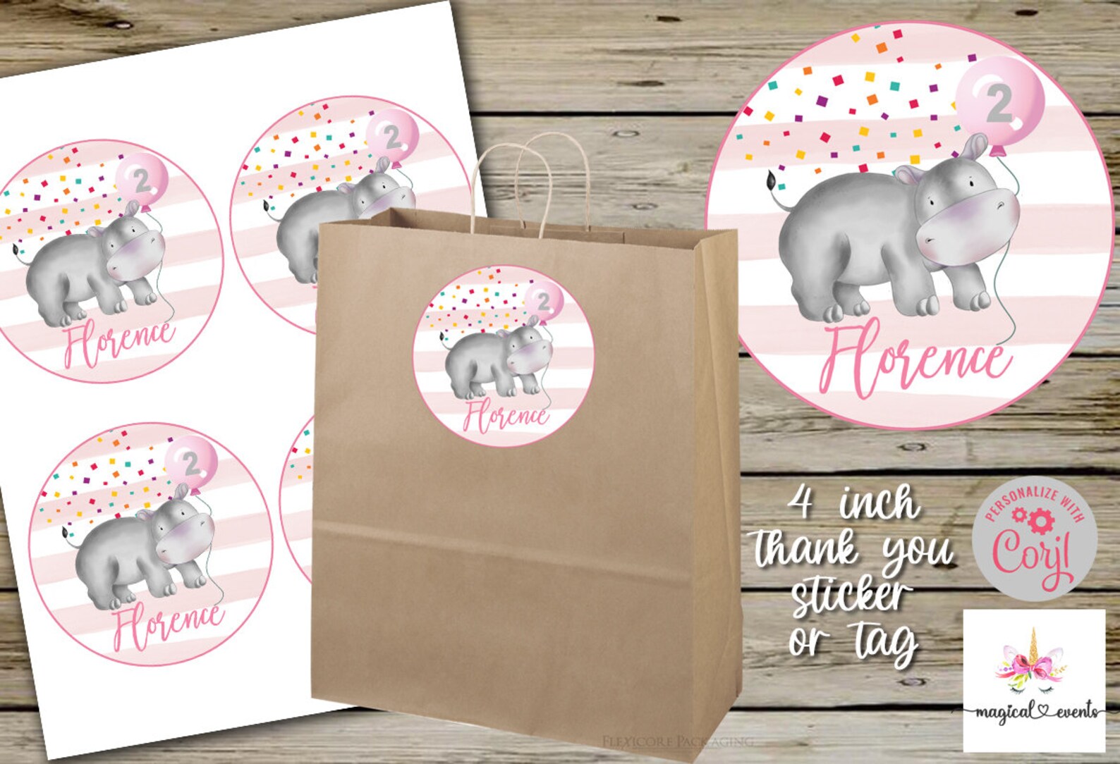 Hippo Girl Birthday 4 Inch Thank You Sticker, Birthday Favors, Pink ...