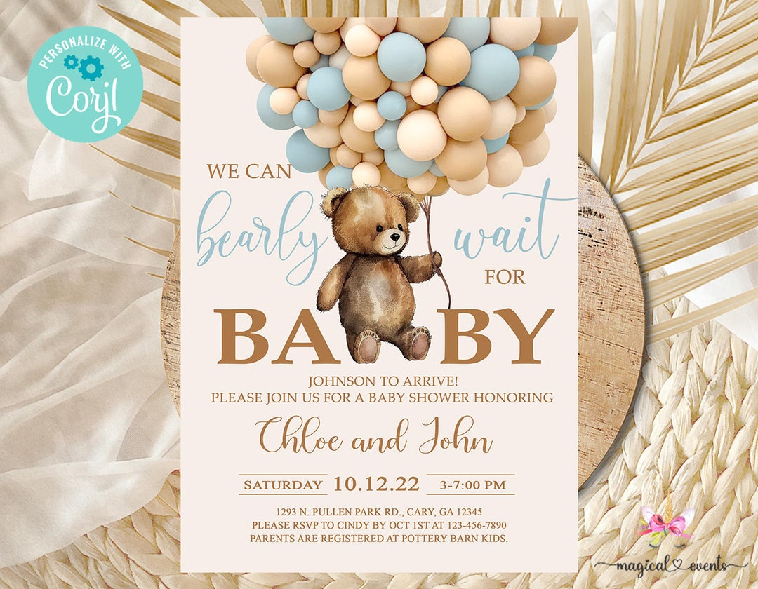 Bearly Wait, Bear Baby Shower Invitation, Boy Invite Blue Balloons ...