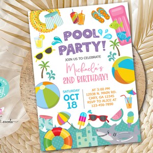Pool Party Girl Birthday Invitation, Girl Pool Birthday Invite, Corjl Digital Printable ...