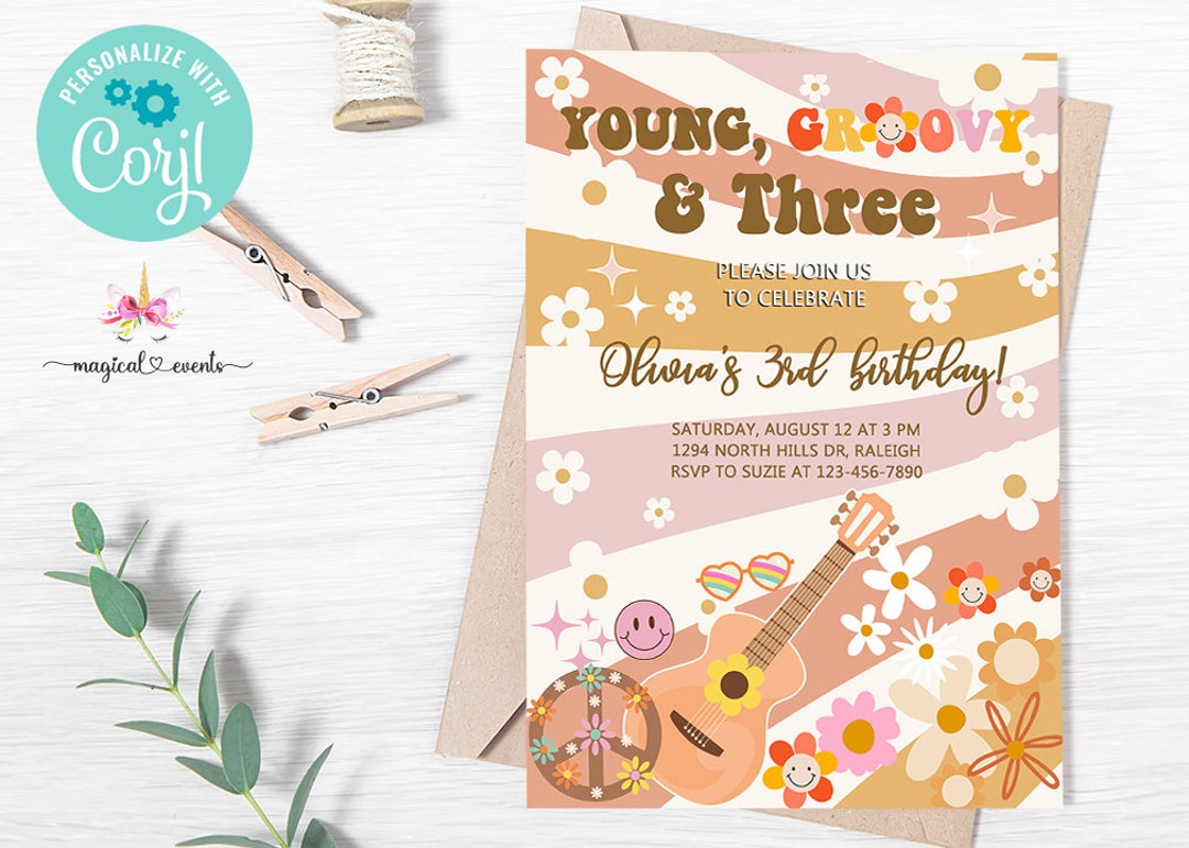 Young Groovy and Three Birthday Invitation, 70s Retro Hippie Daisies ...